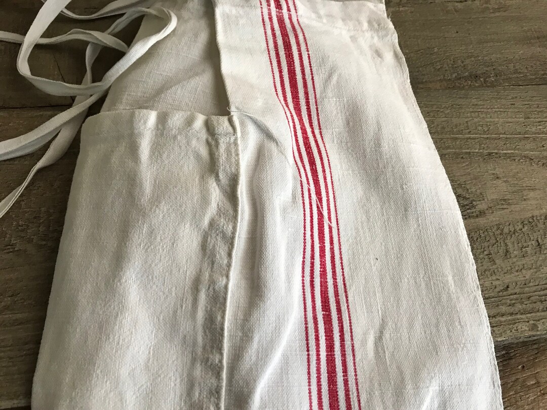 French Linen Apron, Red Stripe, Bakers, Chef, Chore Apron, Pocket ...