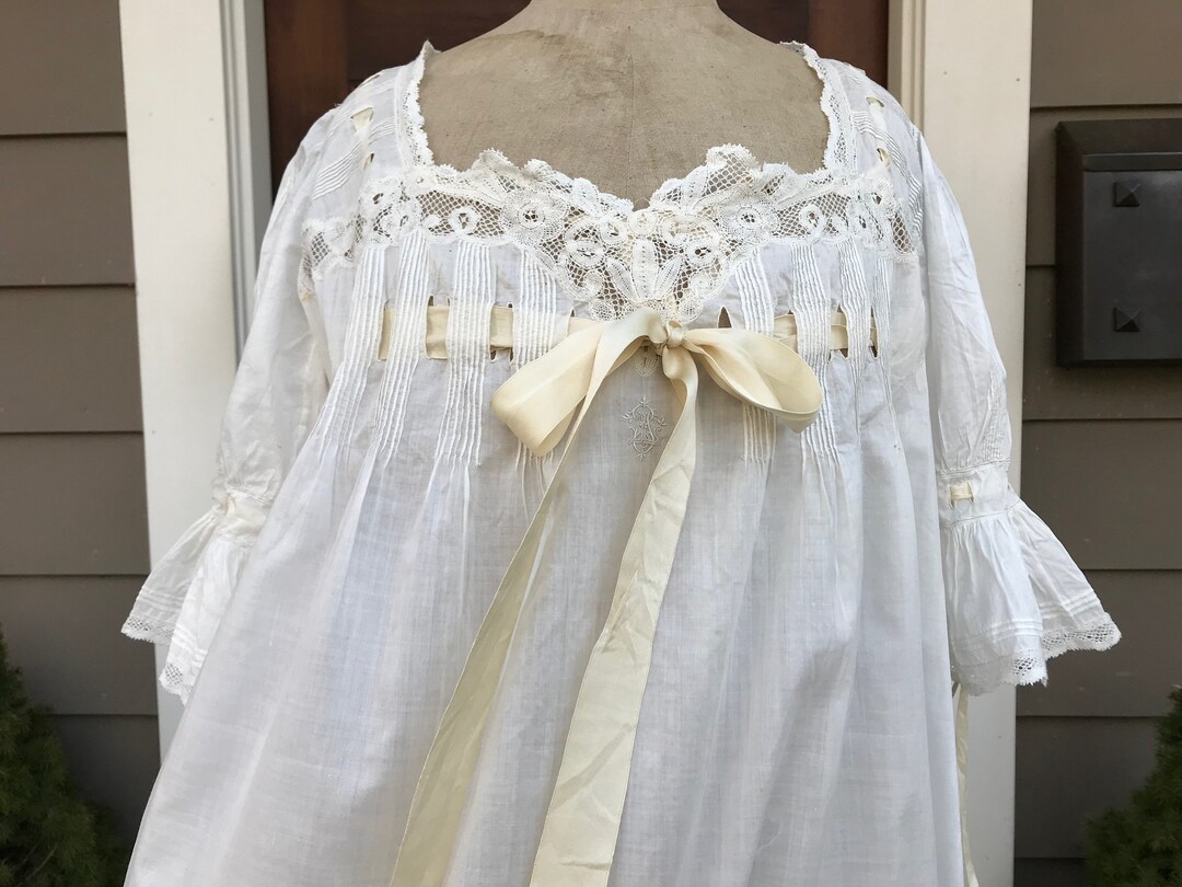 Antique French Lace Nightgown, White Cotton Nightdress, Silk Ribbon ...