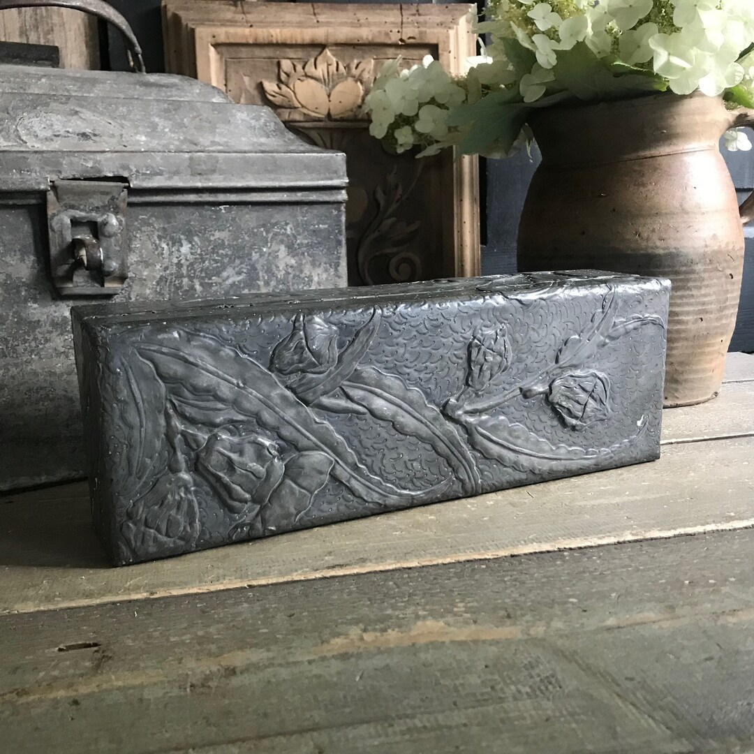 French Pewter Repousse Glove Box, Art Nouveau, Floral Foliage Design ...