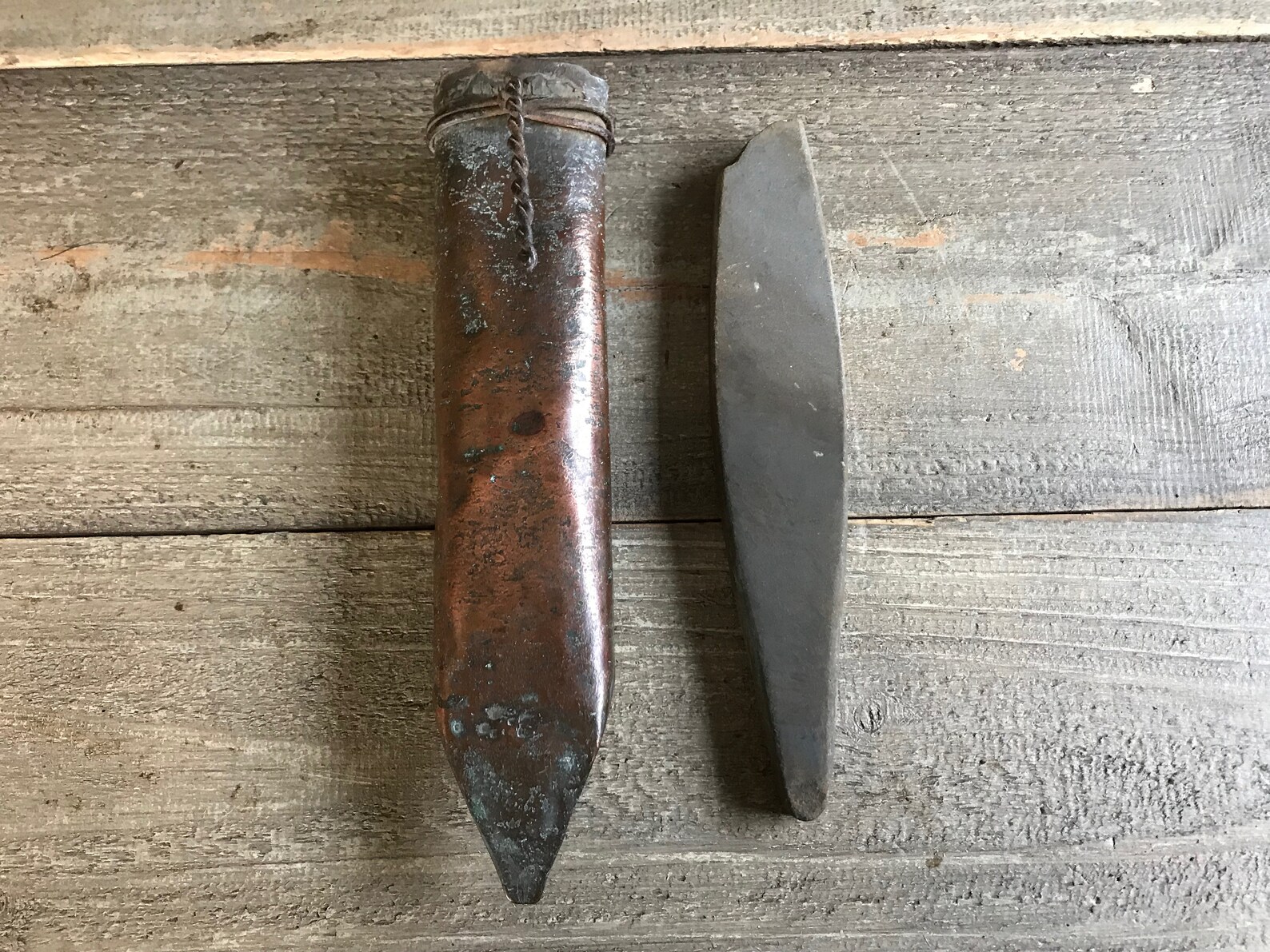 19th C French Copper Sheath, Farmers Scythe Sharpener, Sharpening Stone ...