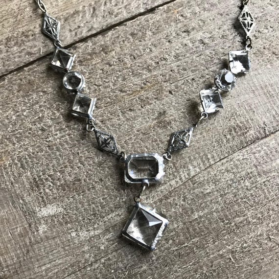 Art Deco Bezel Set Necklace, Open Back, Silver Tone, … - Gem