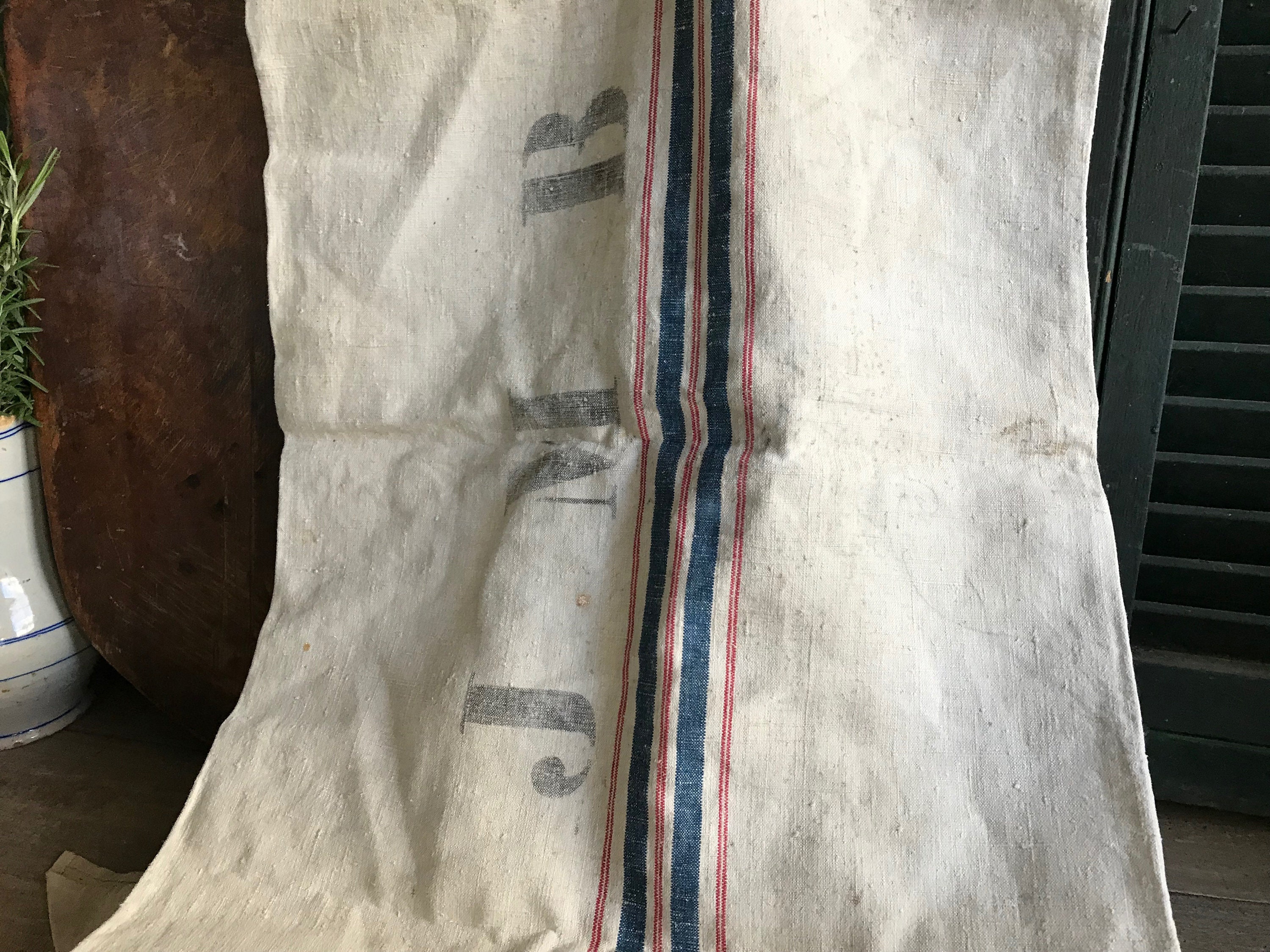 1 French Linen Laundry Sack, Blue Red Stripe, Upholstery Project ...