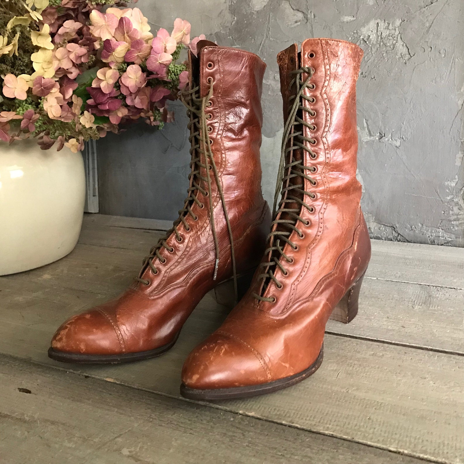 Antique Lace up Boots, 1900s Edwardian Victorian, Brown Leather High ...