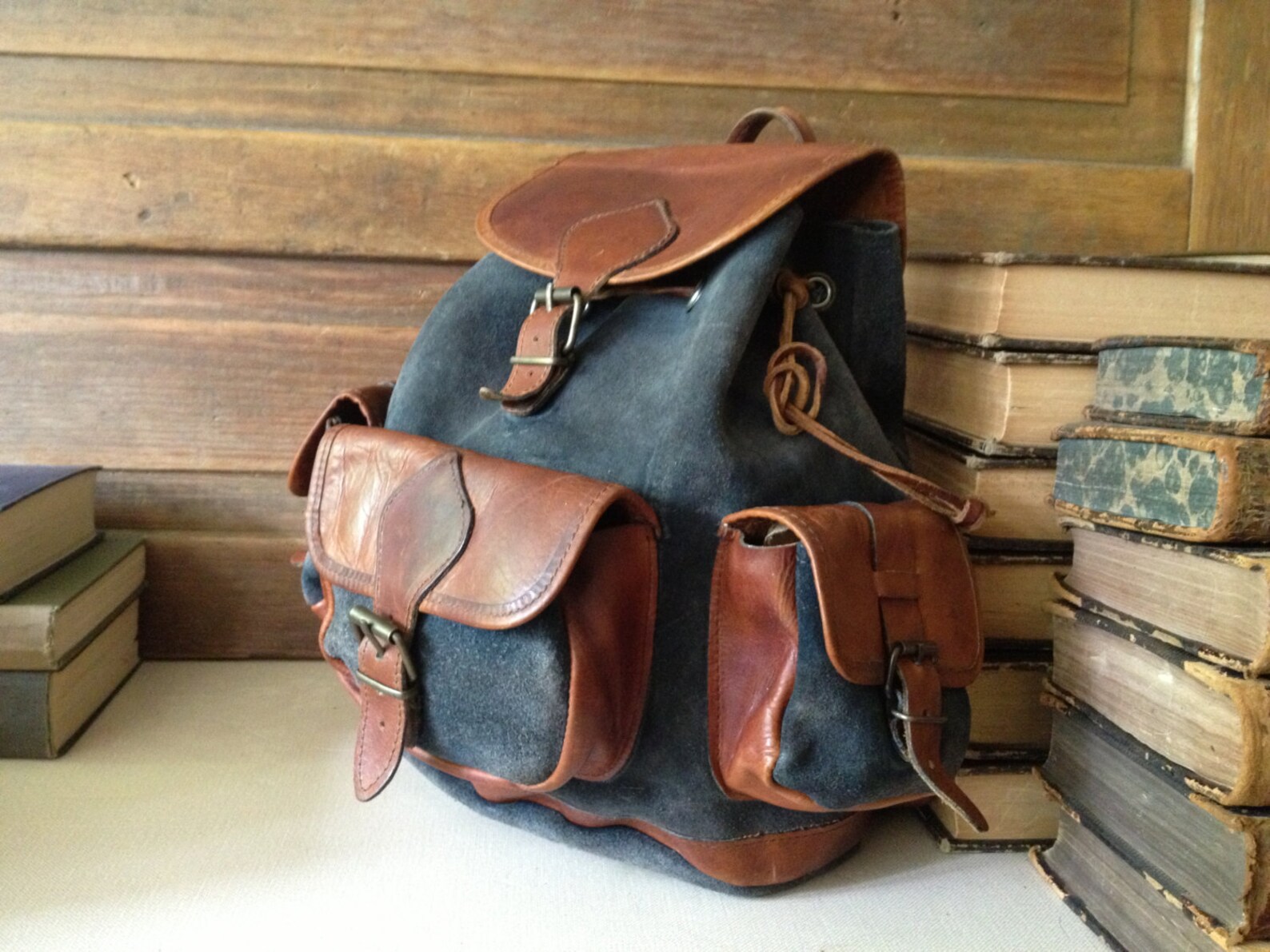 Rustic Leather Backpack Rucksack Brown and Charcoal Gray | Etsy