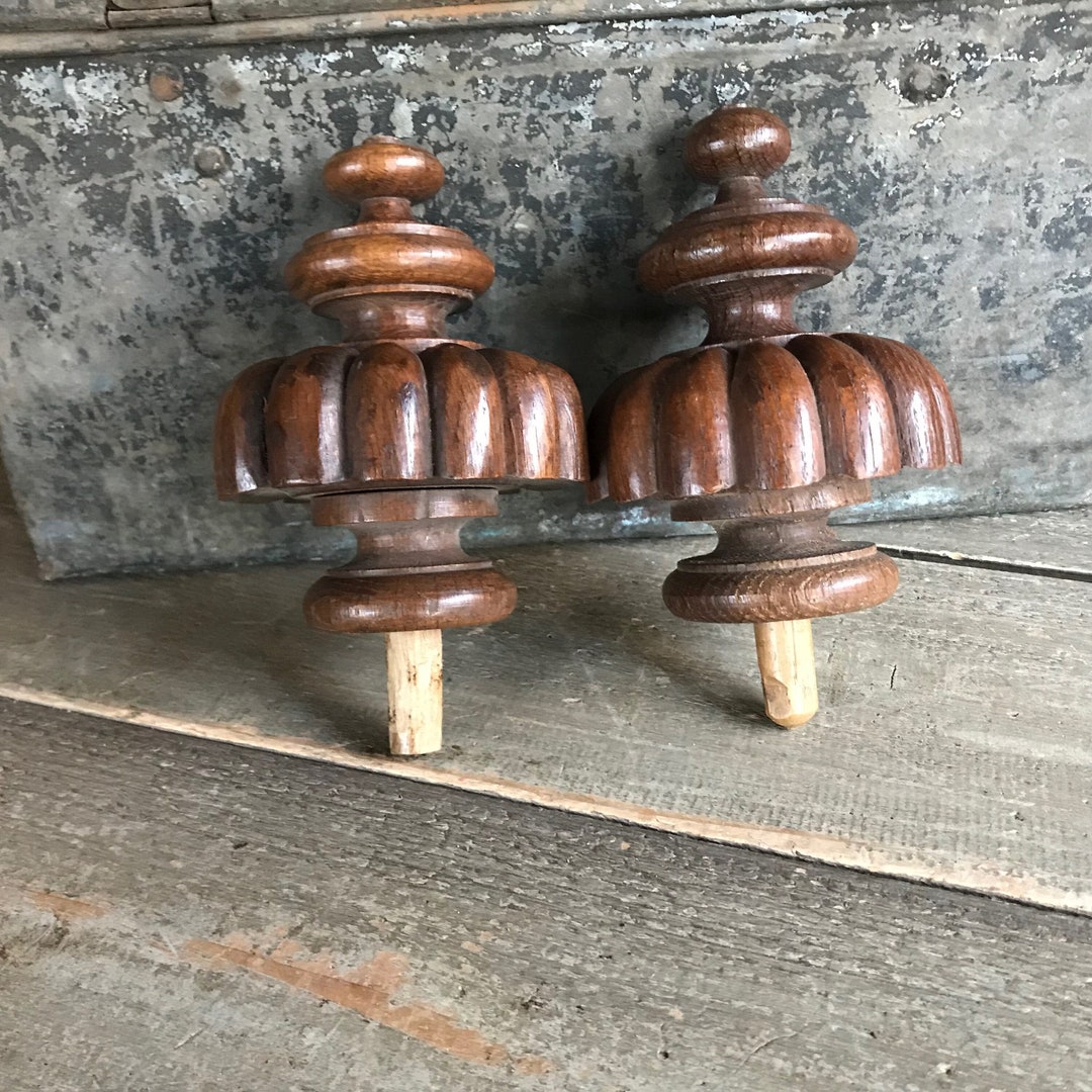Pair Wooden Finial Posts, Polished Turned Wood, Drapery Rod Ends, Set ...