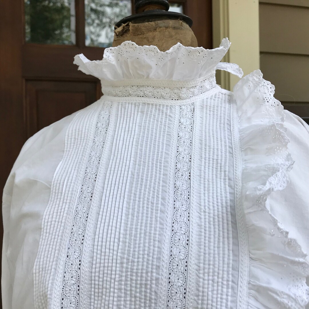 French Embroidered Chemise Blouse, Ruffled Collar, Sleeves, White ...