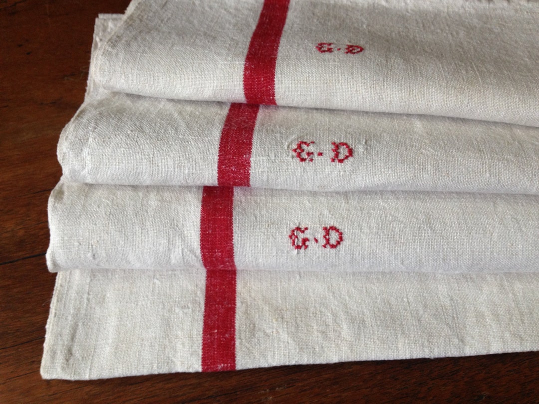 Antique French Linen Towel, Torchon, Large Kitchen Tea Towels, Red ...