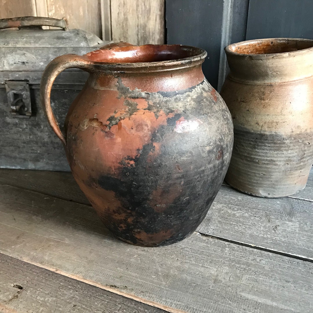 Antique Pottery Jug, 19th C Terra Cotta Pot, Earthenware, Redware ...