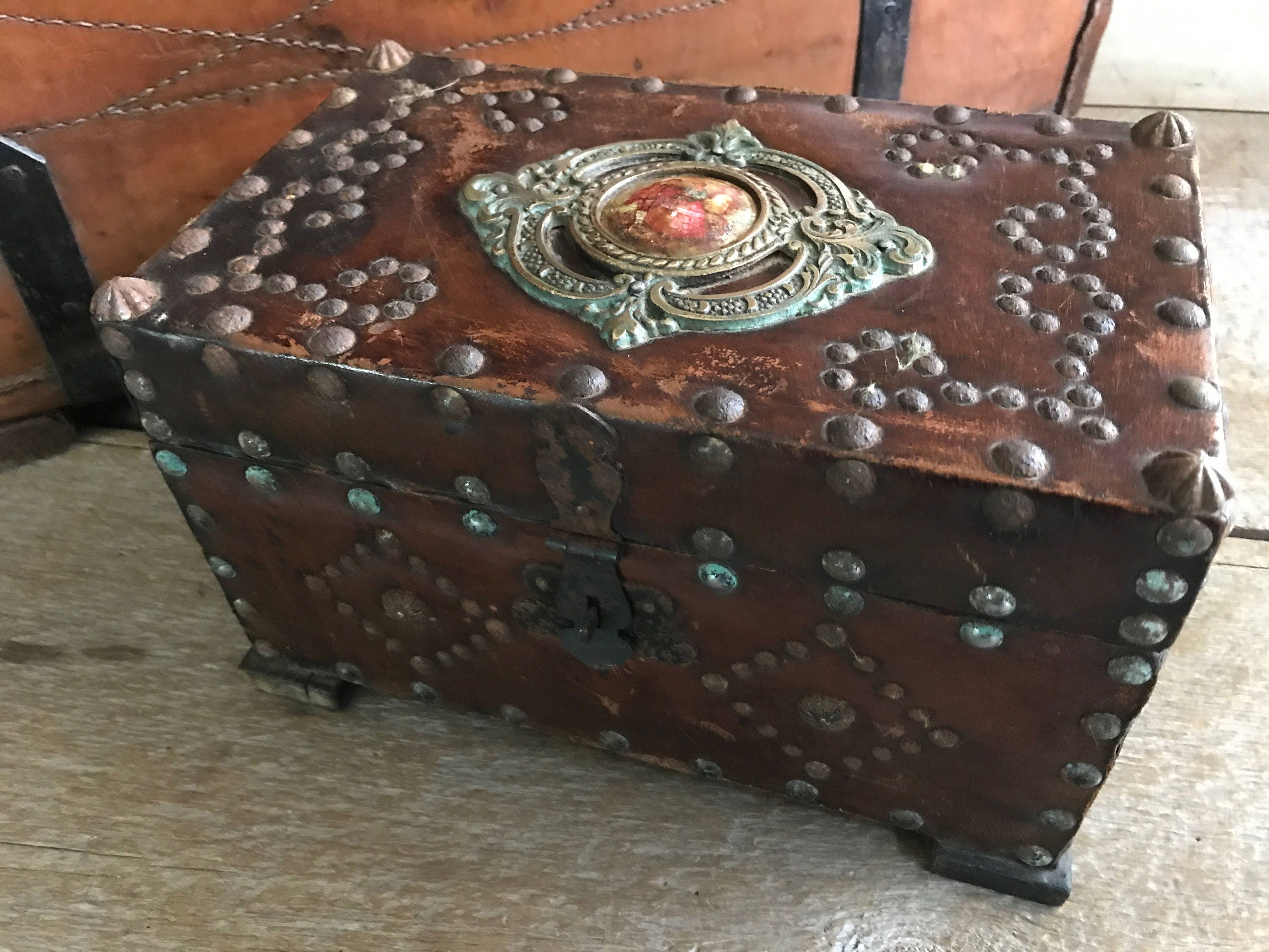 Rustic French Leather Document Box, Brass Cartouche, Porcelain Painted ...