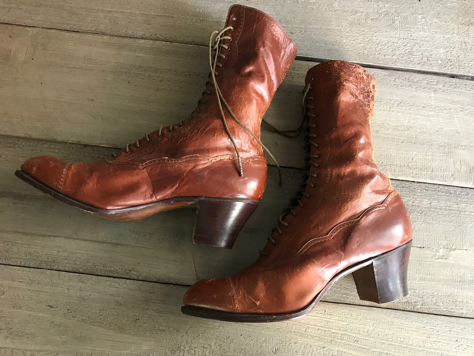 Antique Lace up Boots, 1900s Edwardian Victorian, Brown Leather High ...