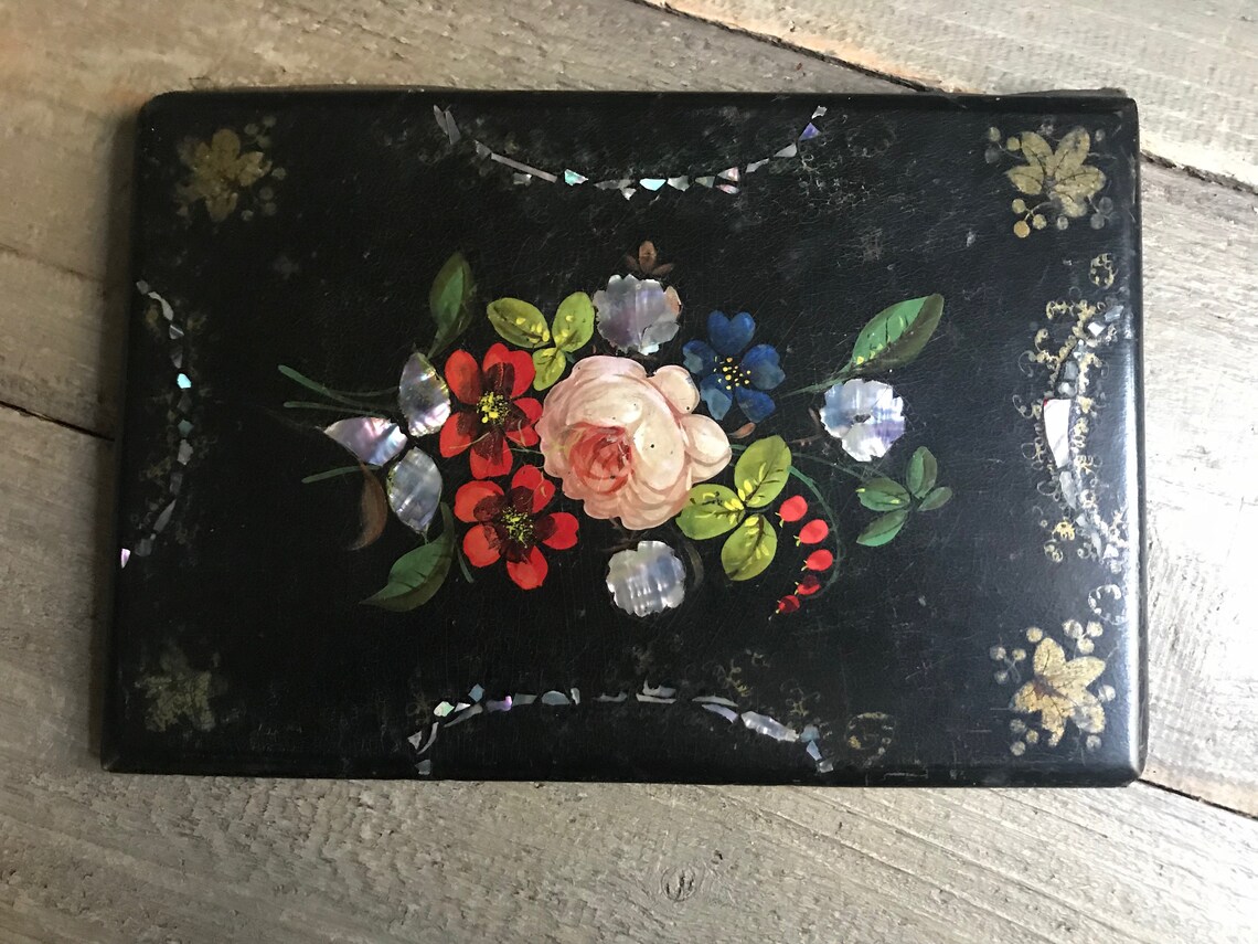19th Papier Mâché Desk Blotter Set, Book Cover, Handpainted Floral ...