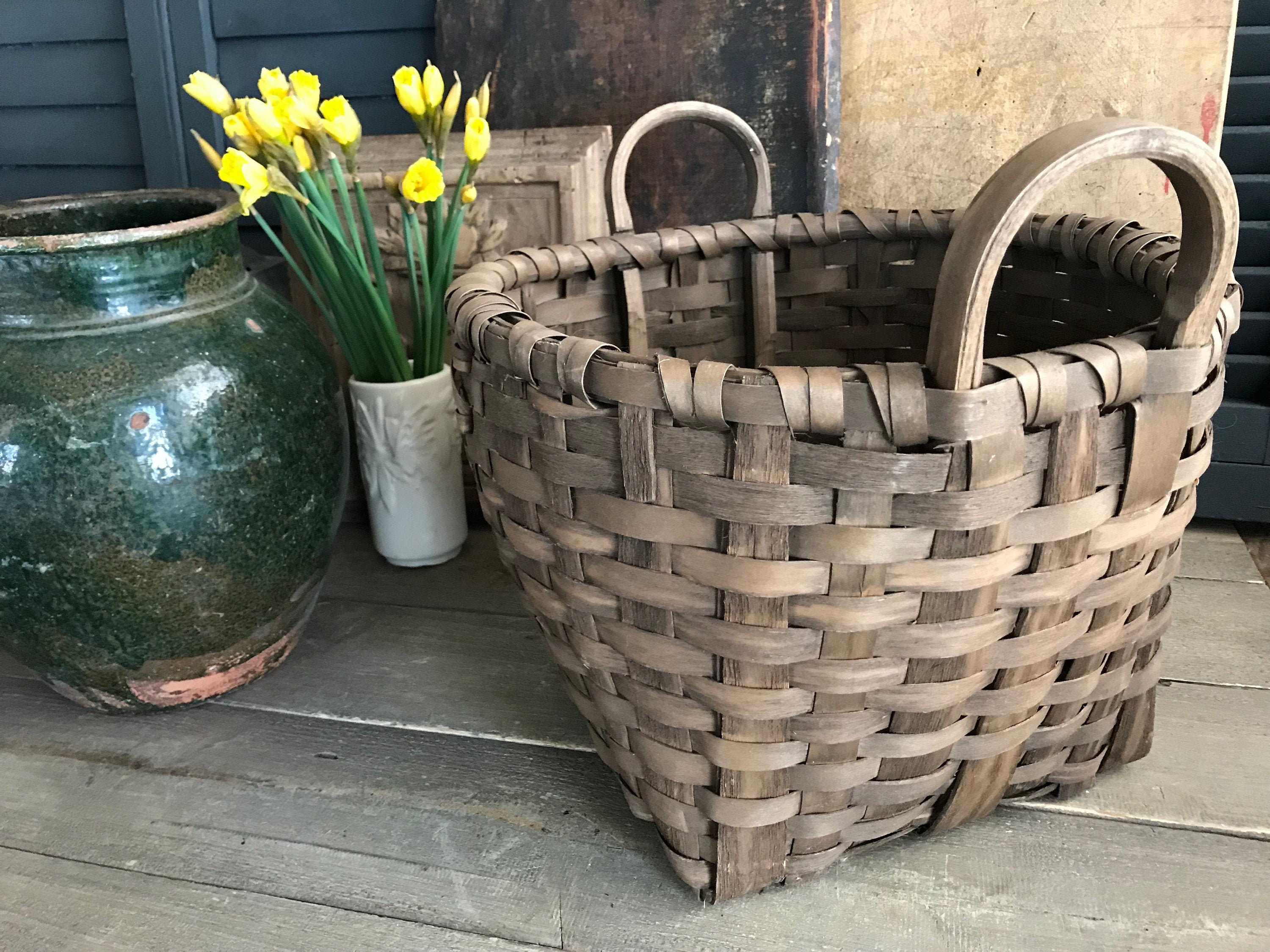 Rustic Farmhouse Basket Bentwood Handles Willow Wicker | Etsy