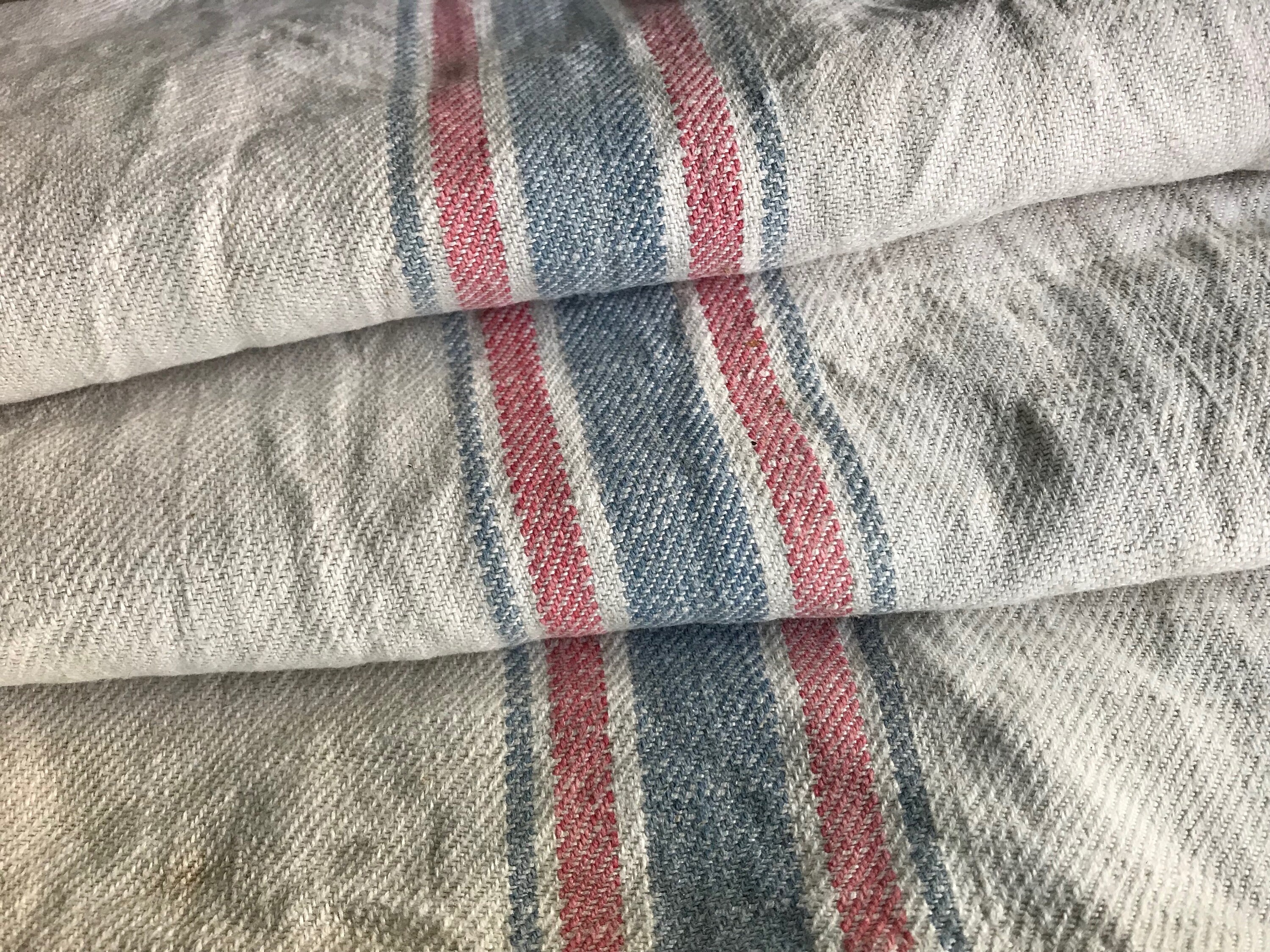French Linen Laundry Sack, Blue Red Stripe, Grain Flour Sack, French ...