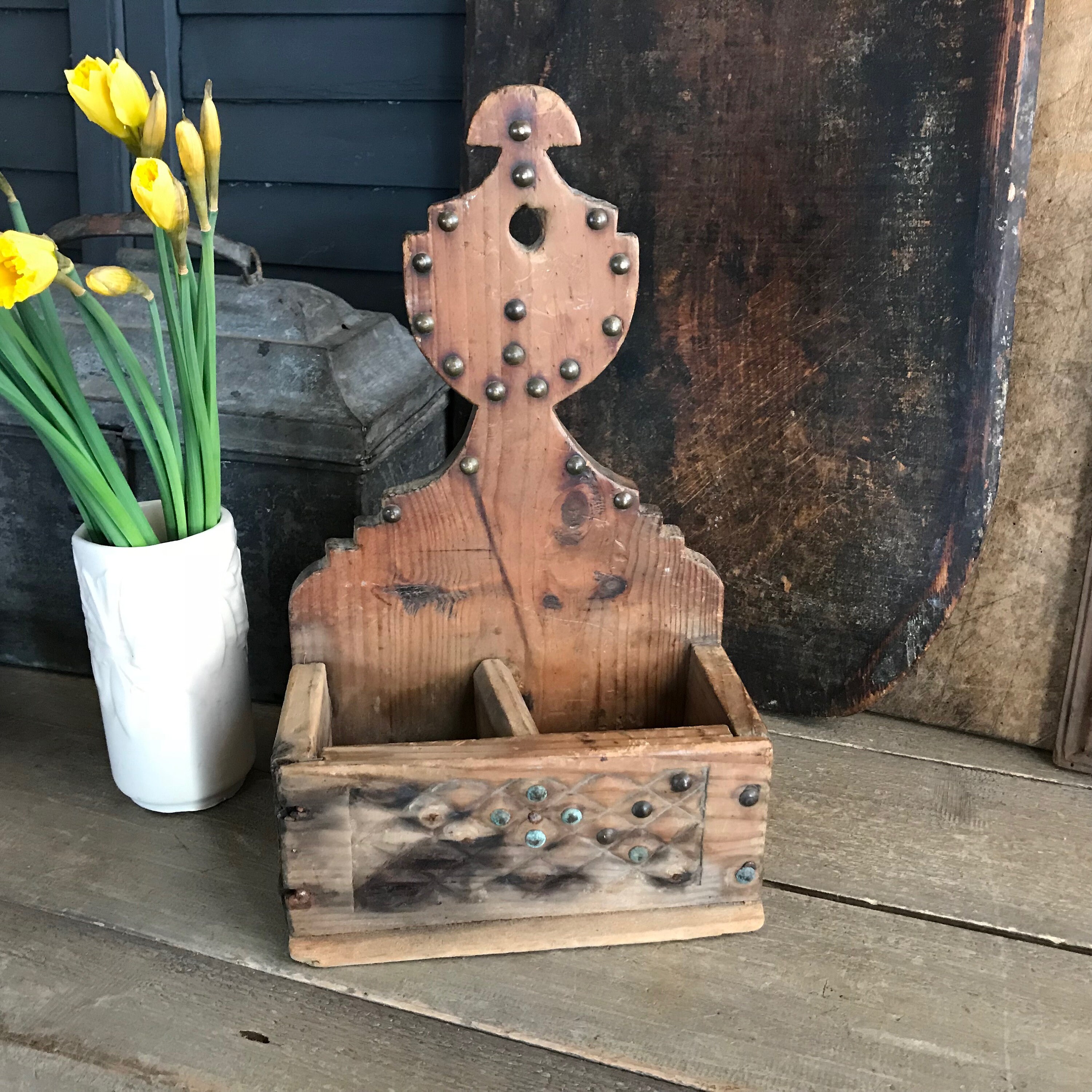 Antique Folk Art Salt Box, Rustic, Handcrafted, Wall Storage Keep ...