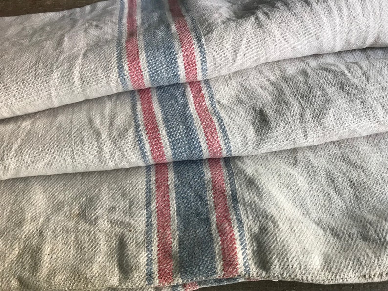 French Linen Laundry Sack, Blue Red Stripe, Grain Flour Sack, French ...