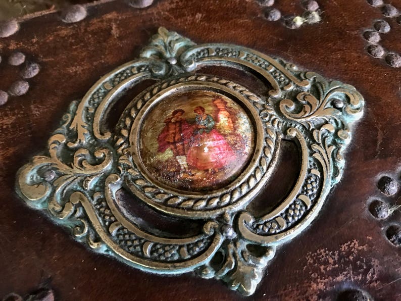 Rustic French Leather Document Box, Brass Cartouche, Porcelain Painted ...