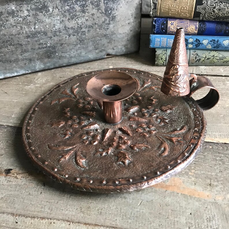 Copper Candle Holder, Arts and Crafts, Embossed Copper, Copper Snuffer ...