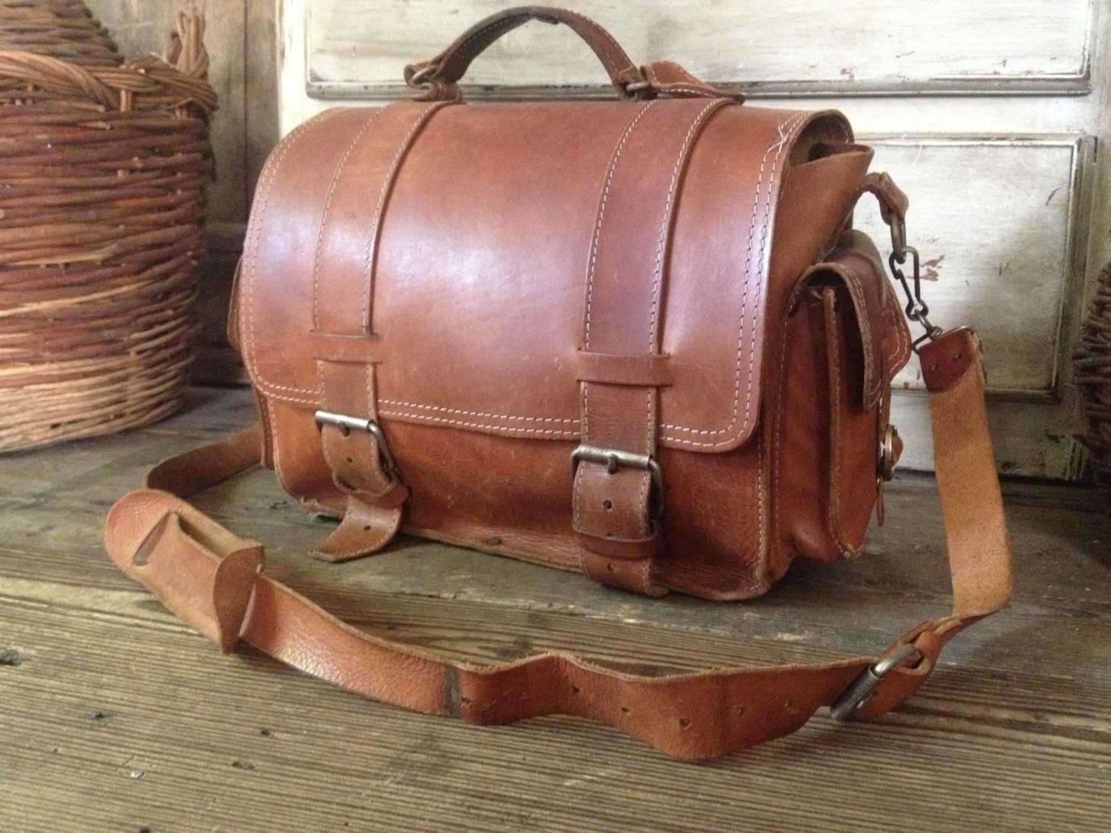 Rustic Brown Leather Briefcase School Satchel Messenger Bag | Etsy