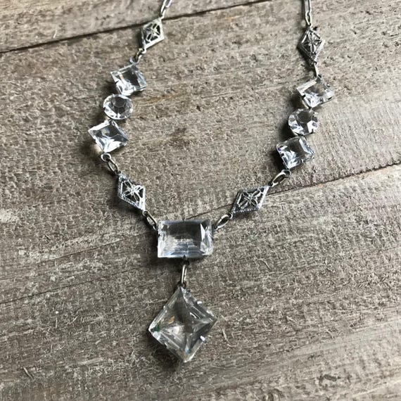 Art Deco Bezel Set Necklace, Open Back, Silver Tone, … - Gem