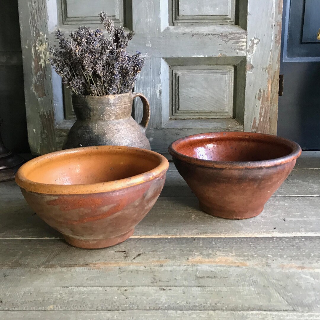 19th C French Mixing Bowl, Terracotta Pottery, Partial Glaze Redware ...