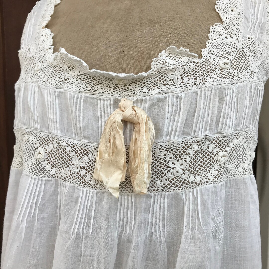 French Lace Nightgown, Irish Crochet, Monogram, Silk Ribbon, Antique ...