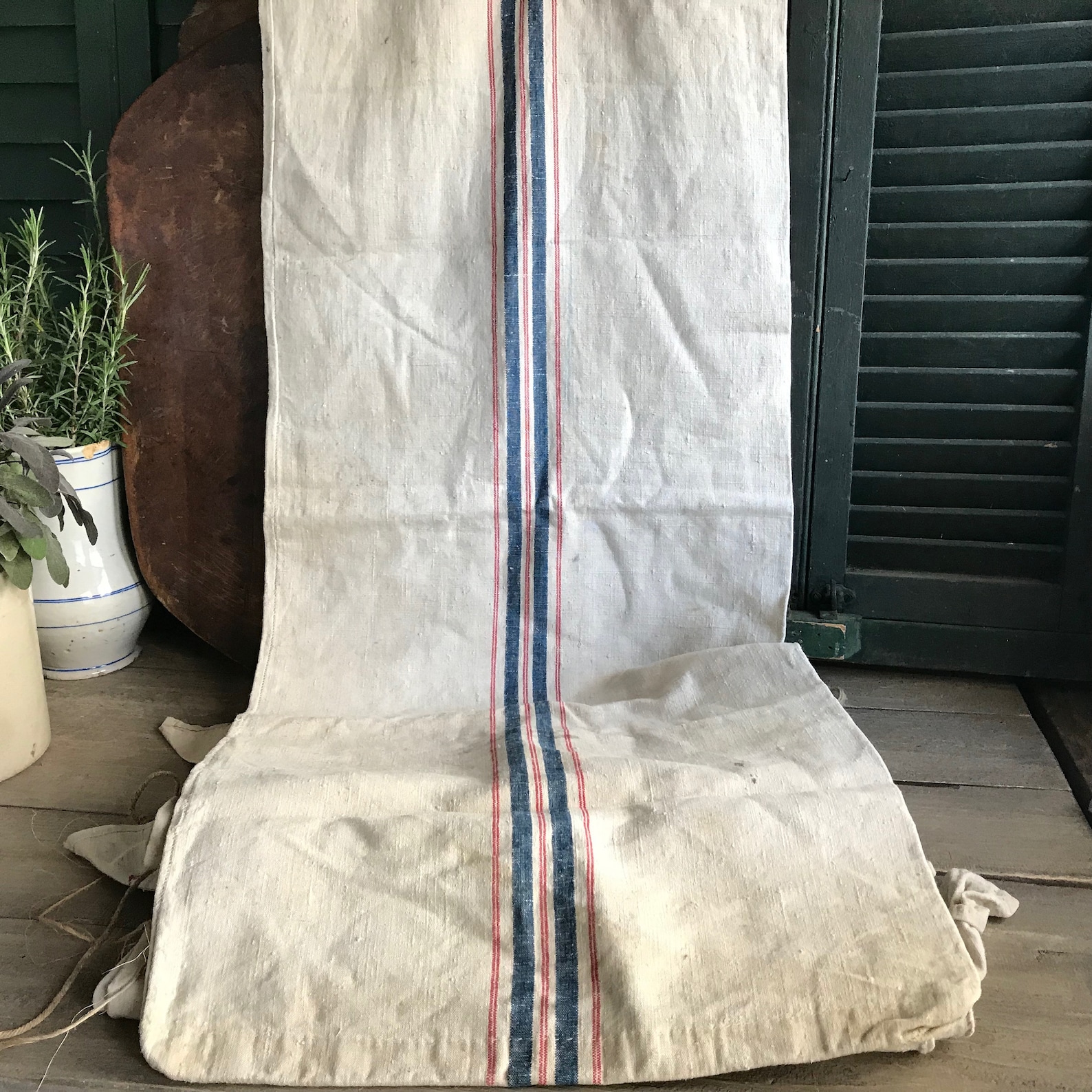 1 French Linen Laundry Sack, Blue Red Stripe, Upholstery Project ...