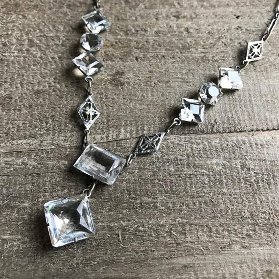 Art Deco Bezel Set Necklace, Open Back, Silver Tone, … - Gem