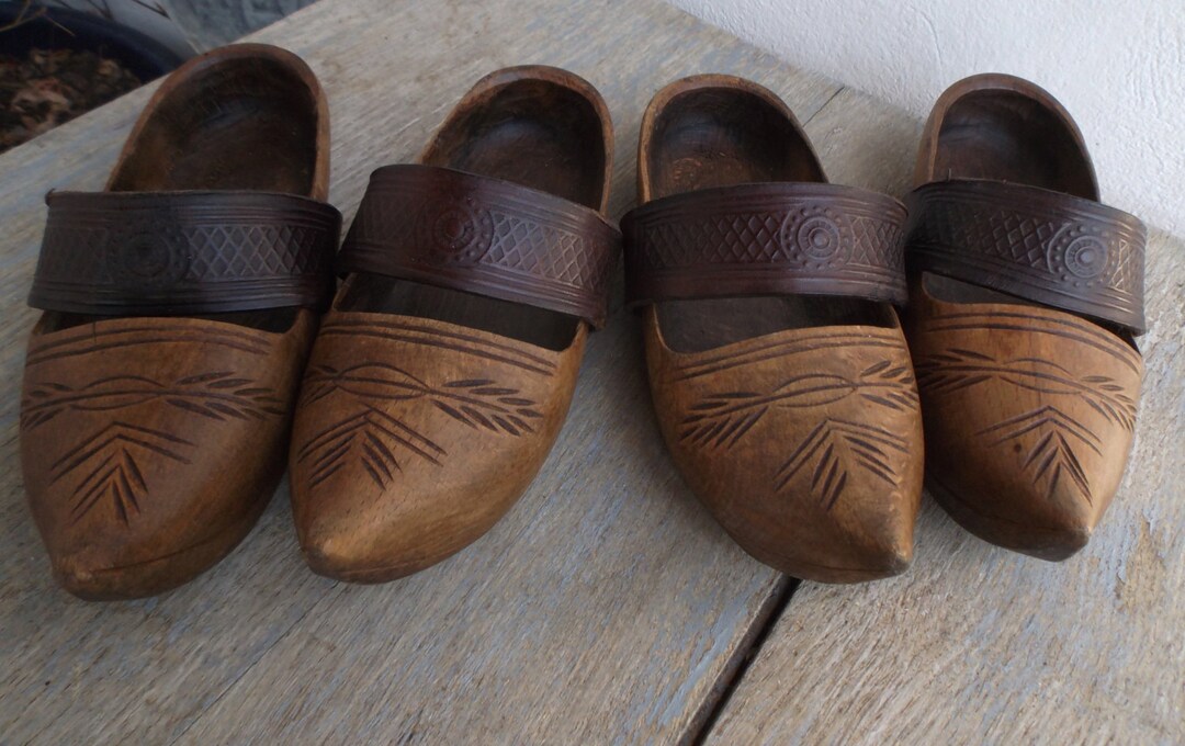 French Folk Art Clogs, Antique Artisan Wood Leather Childrens Clogs, 2 ...