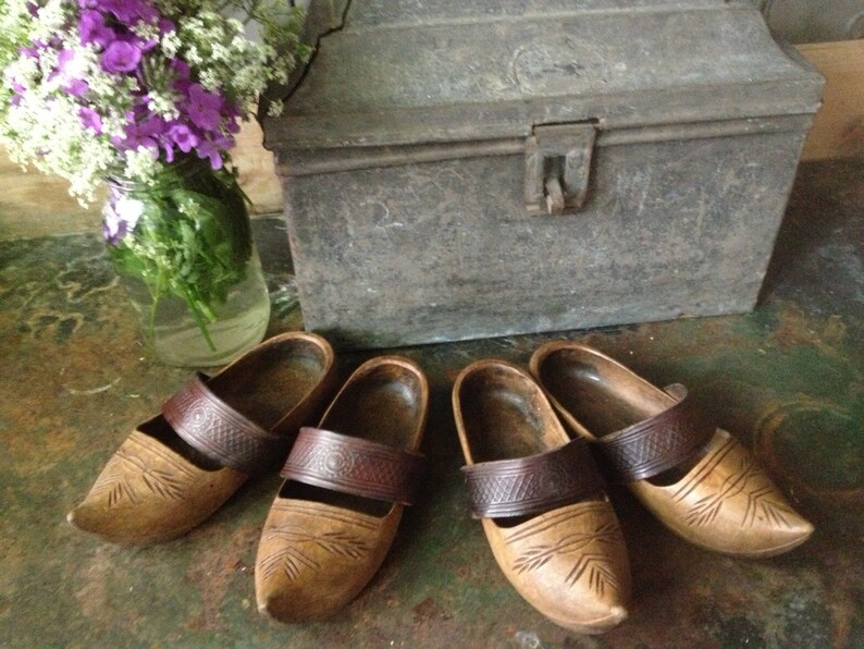 French Folk Art Clogs Antique Artisan Wood Leather Childrens | Etsy