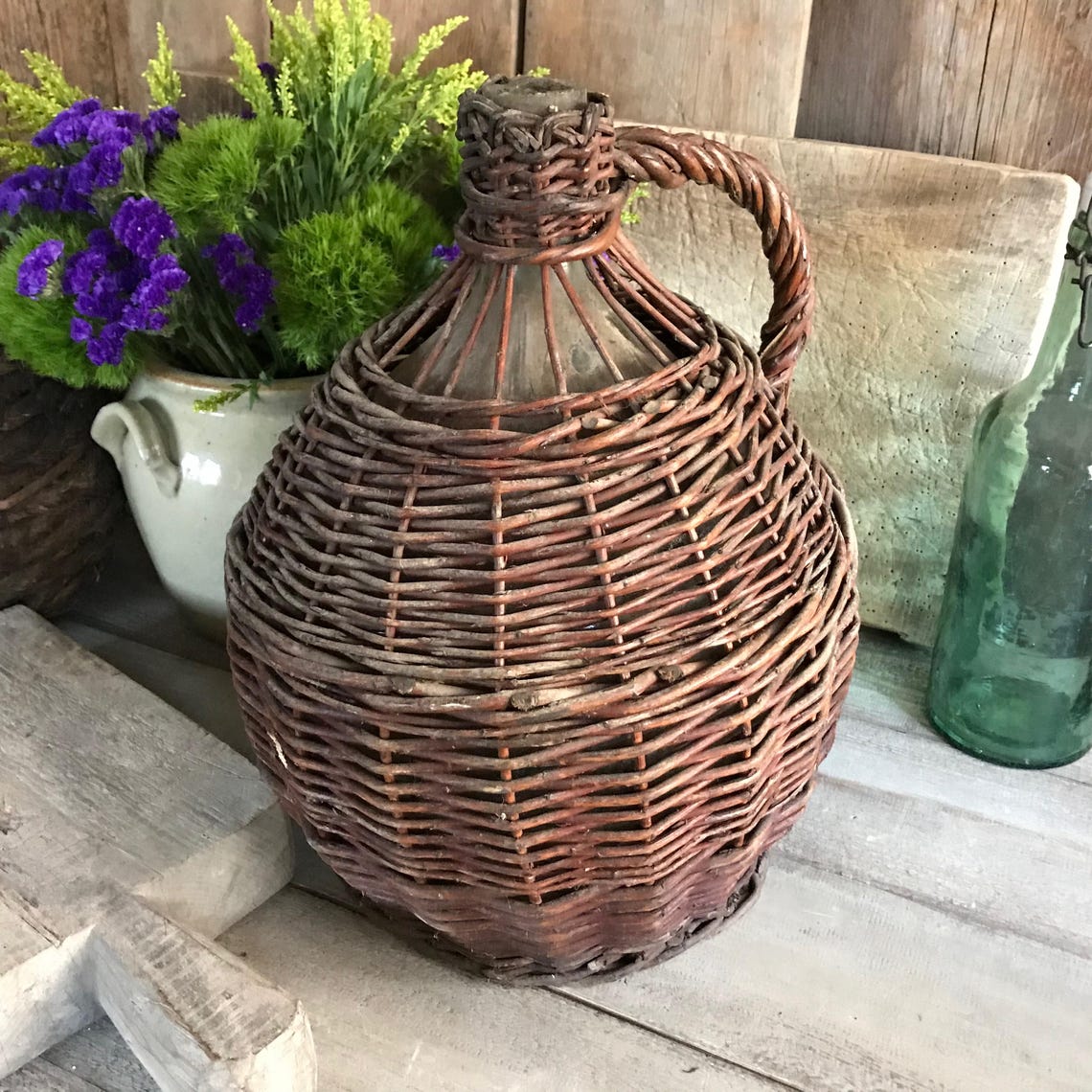 Large French Demijohn Wine Bottle Flagon Hand Wrapped | Etsy