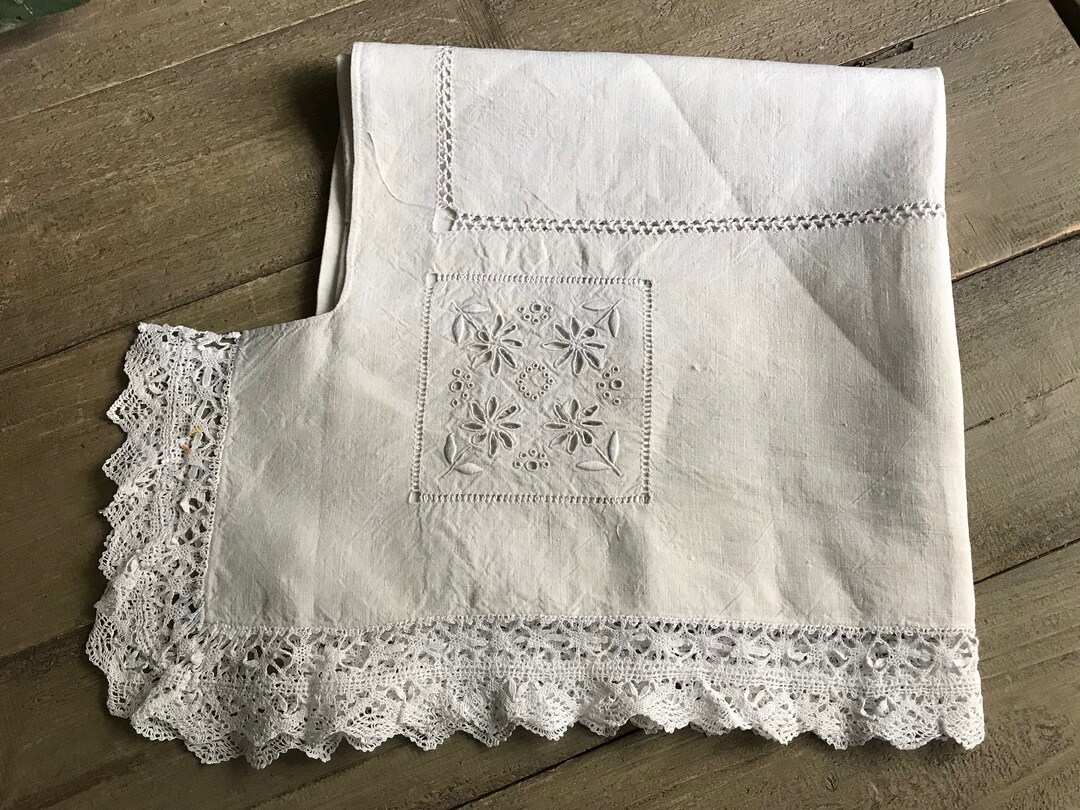 French Linen Sideboard Buffet Runner, Floral Embroidery, Butterfly ...