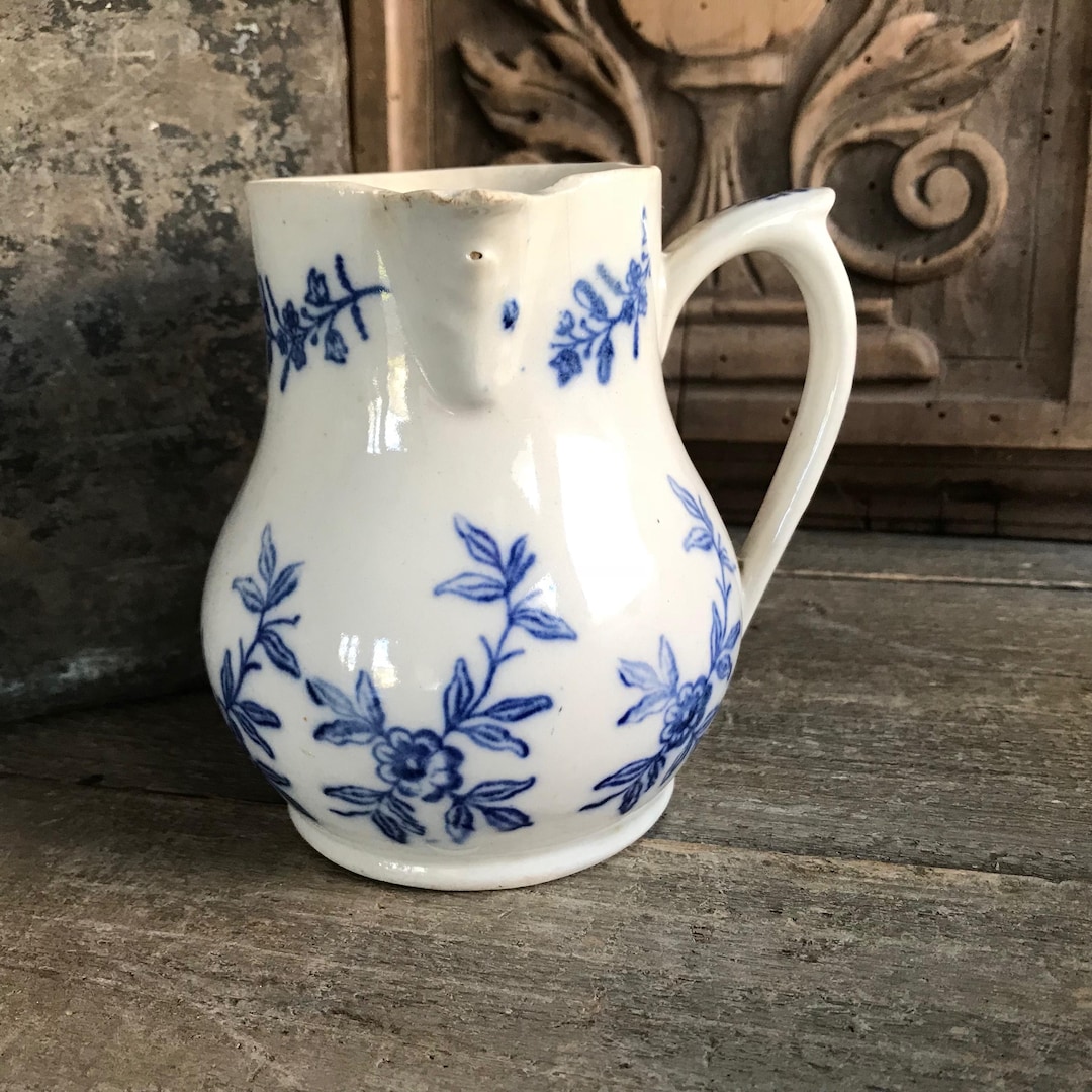 French Faïence Jug, Terre De Fonte St Vallier, Blue and White Floral ...