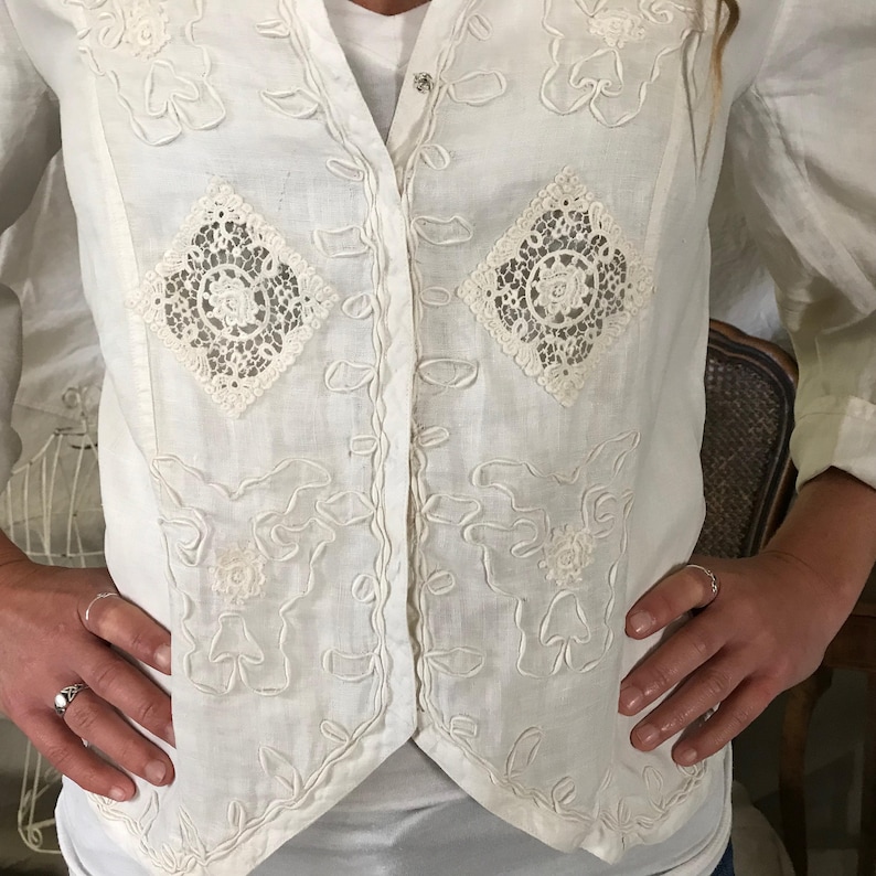 French White Linen Lace Blouse Open Work Embroidery Cuffed - Etsy