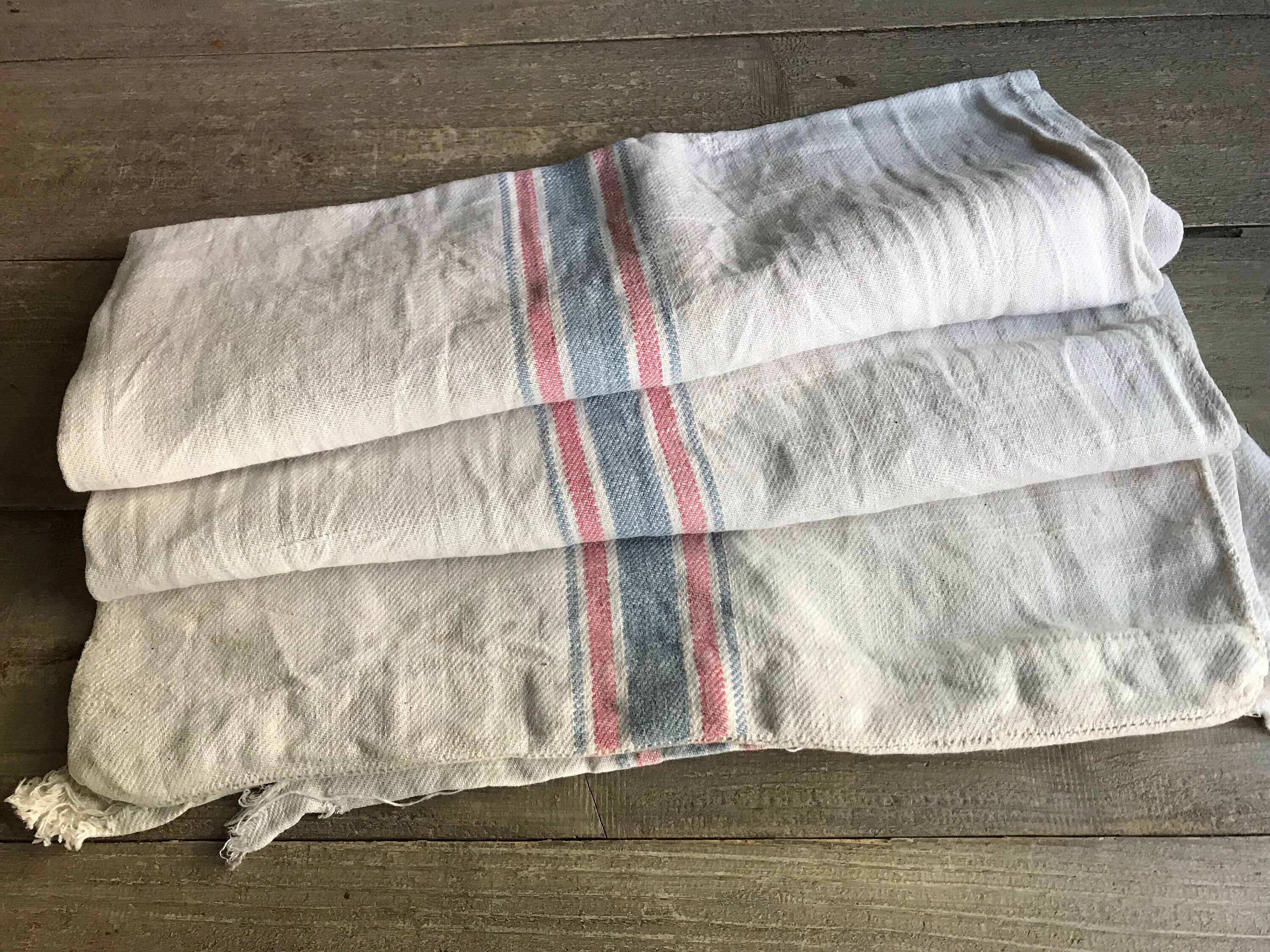French Linen Laundry Sack, Blue Red Stripe, Grain Flour Sack, French ...