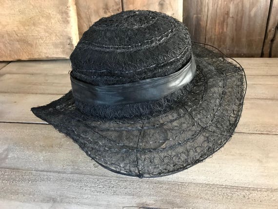Victorian Black Lace Hat, Wired, Silk Lined, Period C… - Gem