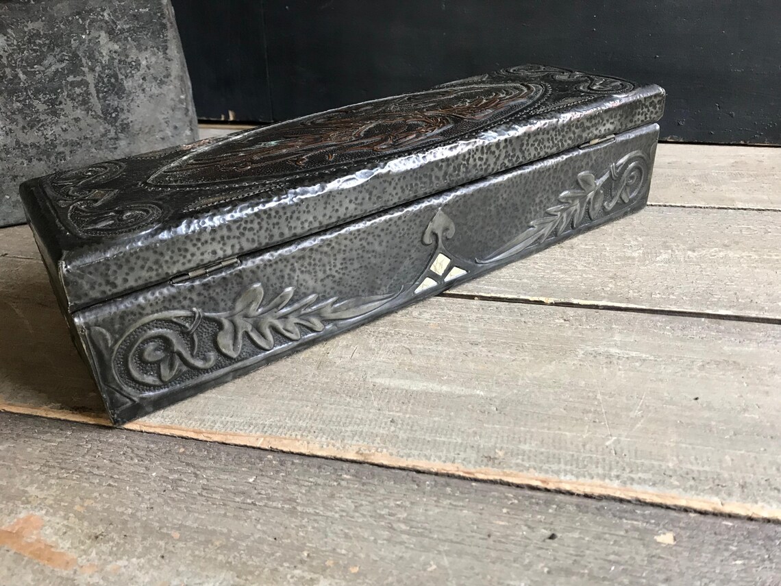 French Repoussé Pewter Boudoir Box, Copper Dragon Griffon, Silk Lined ...