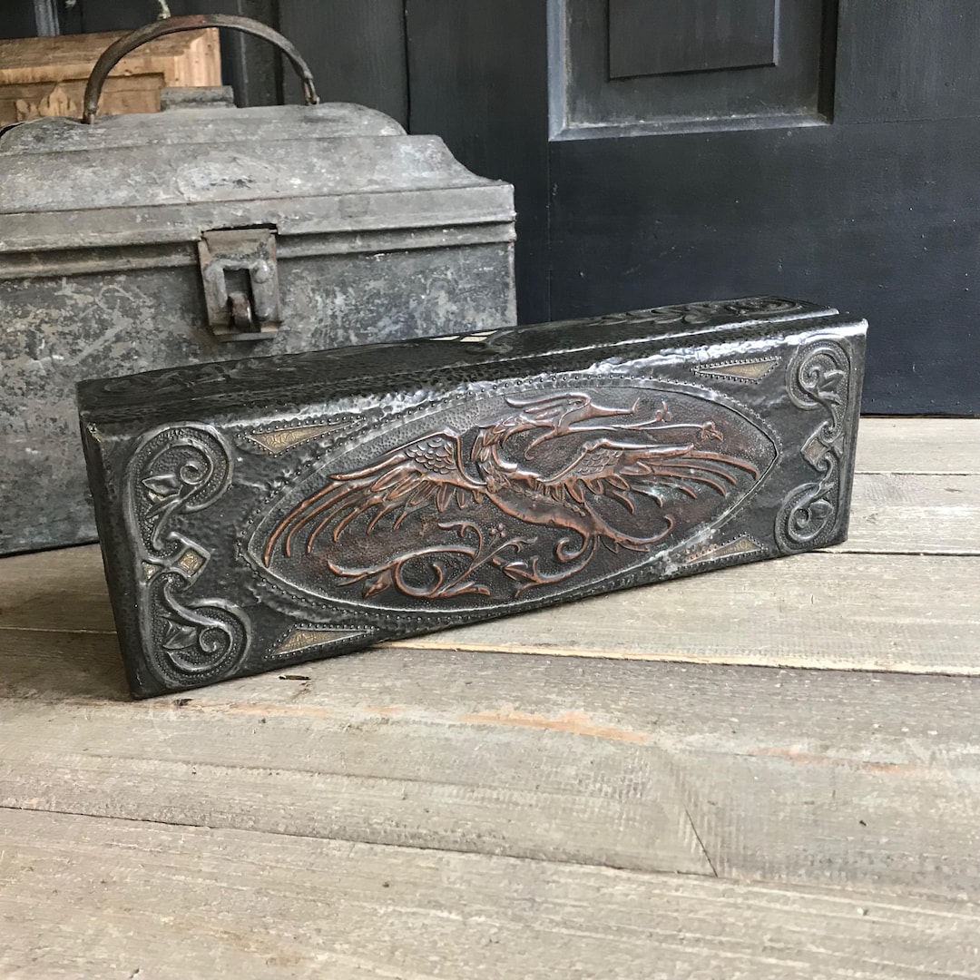 French Repoussé Pewter Boudoir Box, Copper Dragon Griffon, Silk Lined ...