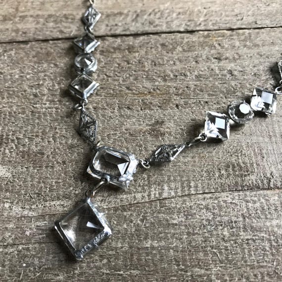 Art Deco Bezel Set Necklace, Open Back, Silver Tone, … - Gem