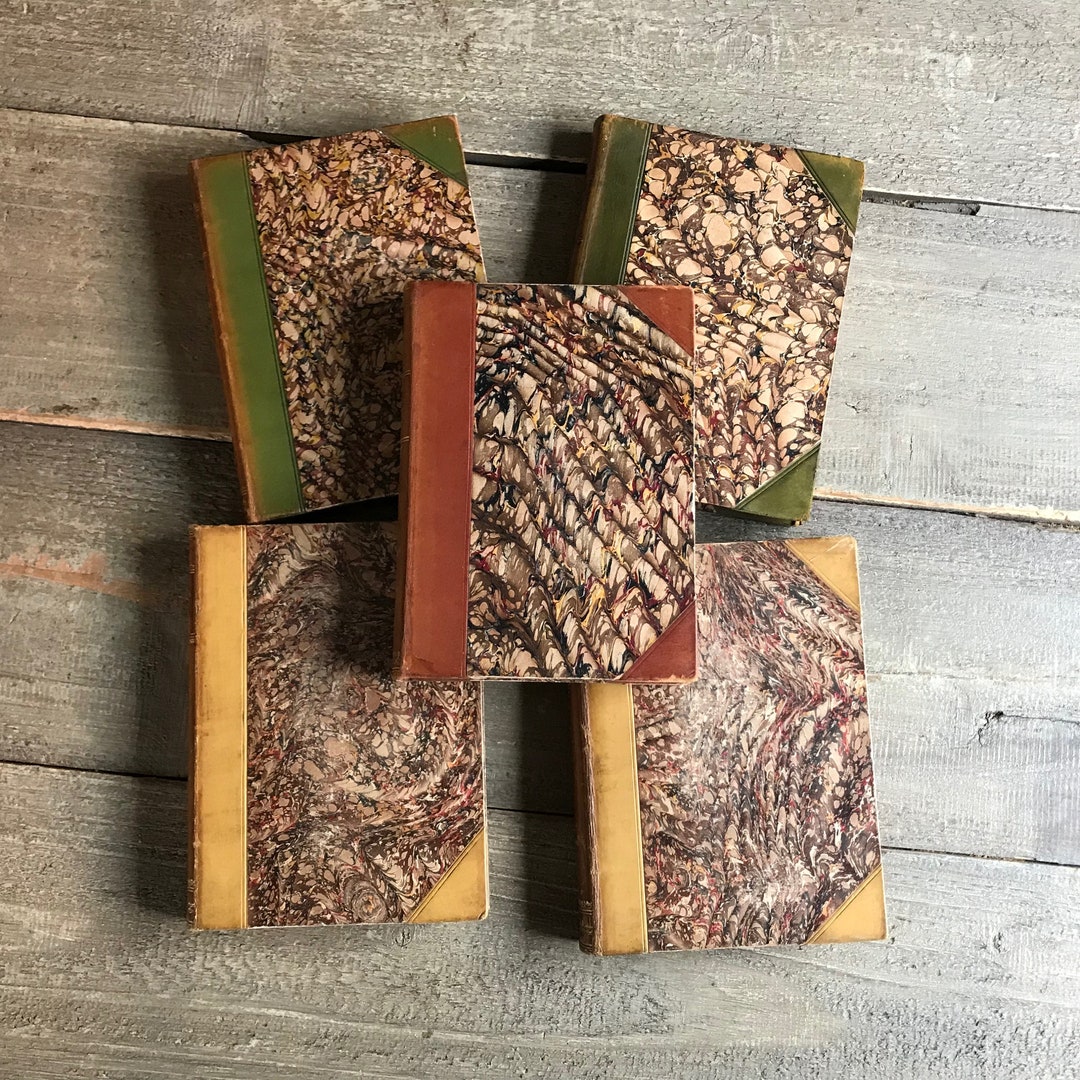 Antiquarian Leather Book Set of 5, British Authors, Marbled Book Cover ...