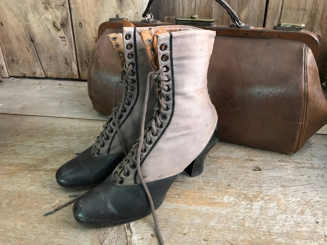 1900s Victorian Leather Boots Two Tone Canvas Spats, High Laced Boots ...