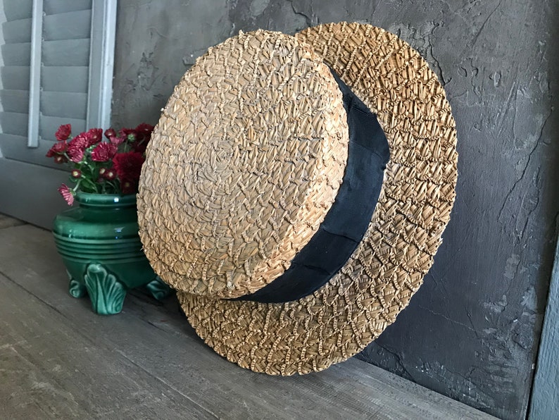 French Straw Boater Hat Antique Black Ribbon Bow Prop Made | Etsy