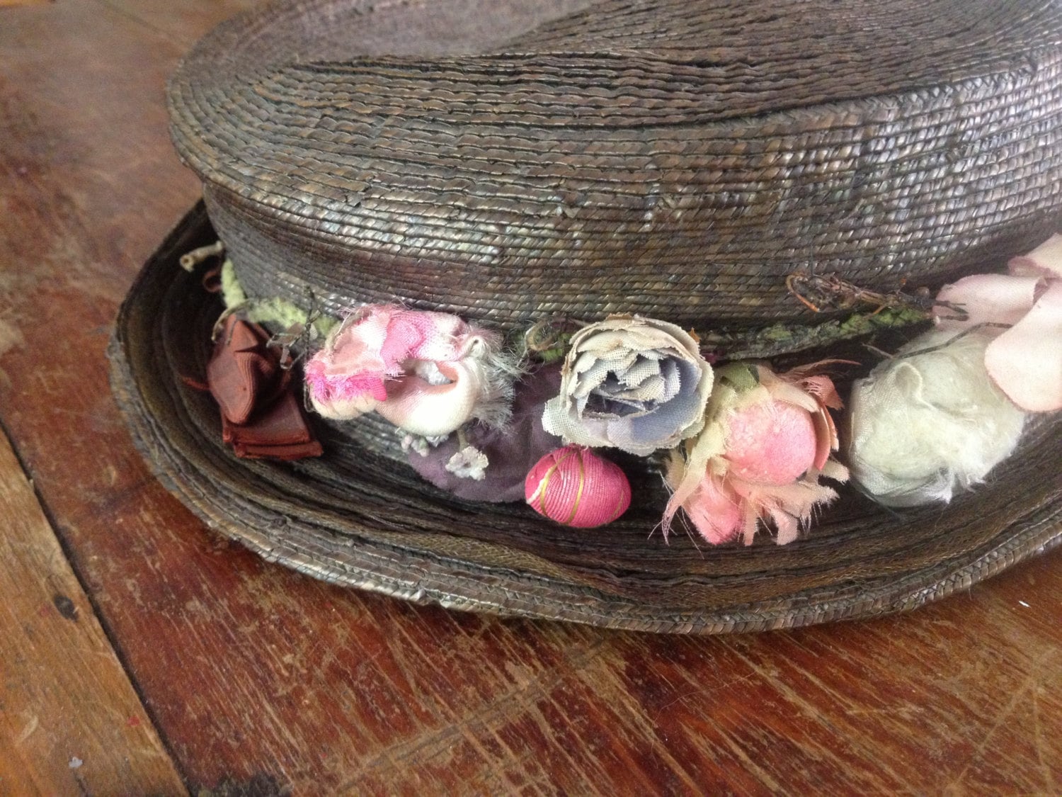 Edwardian Boater Hat, Gray Straw Silk Floral Sun Hat, Downton Abbey ...
