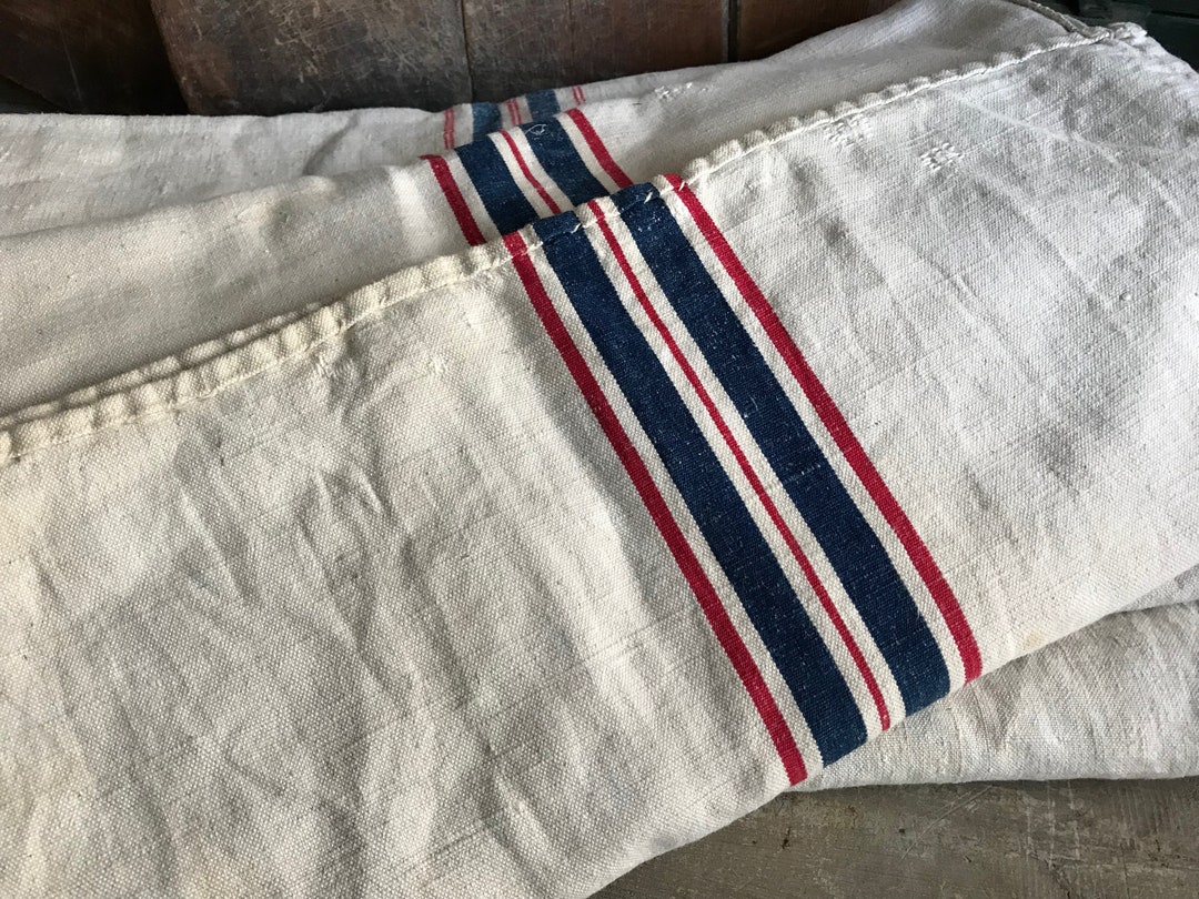 French Linen Grain Sack, Blue Red Stripe, Upholstery Project Textile ...