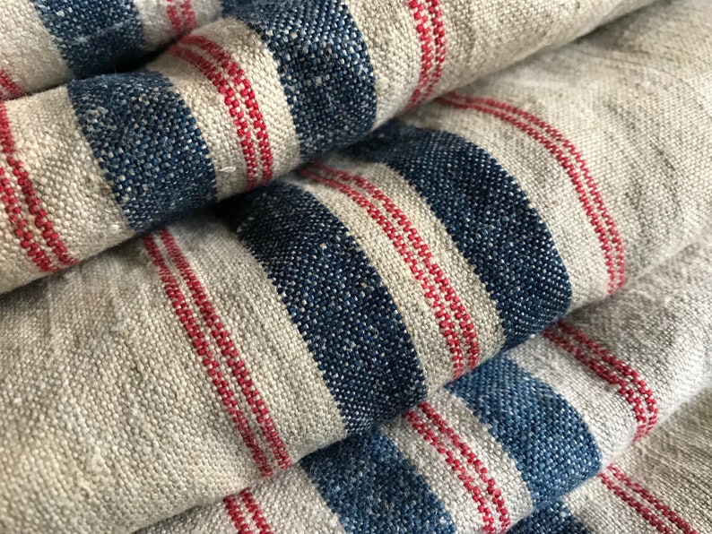 1 French Linen Laundry Sack, Blue Red Stripe, Upholstery Project ...