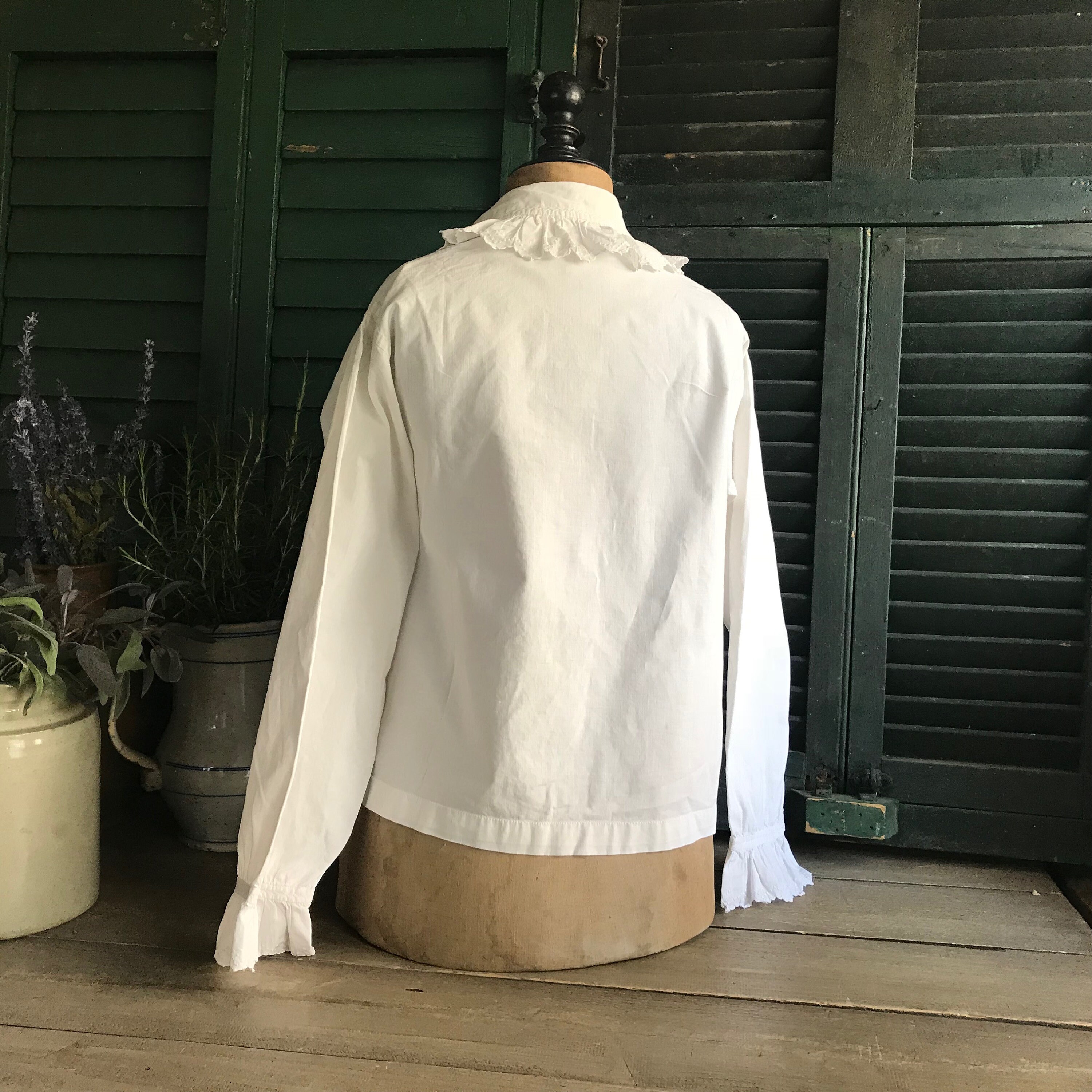 French White Cotton Chemise Blouse, Chemisier, Ruffle Collar, Monogram ...