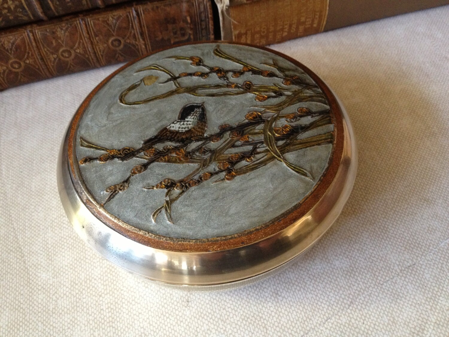 Vintage Brass & Enamel Round Trinket Box // Bird Design | Etsy