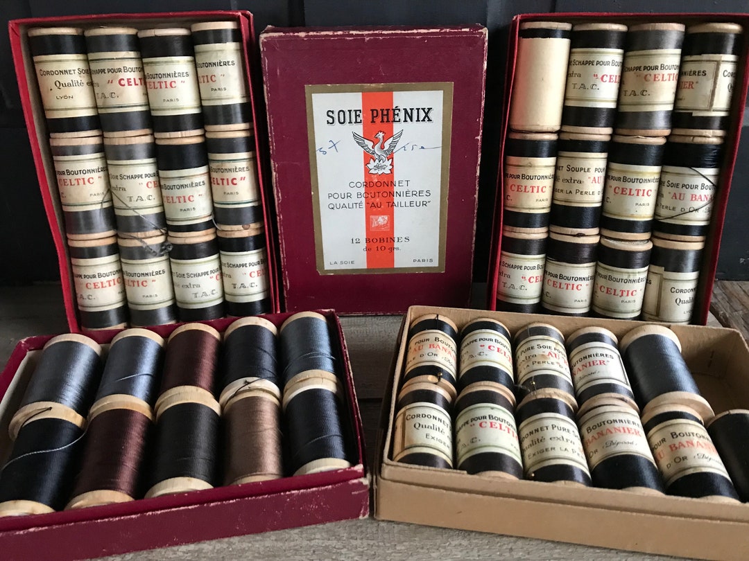 1 Box French Silk Tailors Threads, Thread Spools, Made in France, Wood Spool, Original Label ...