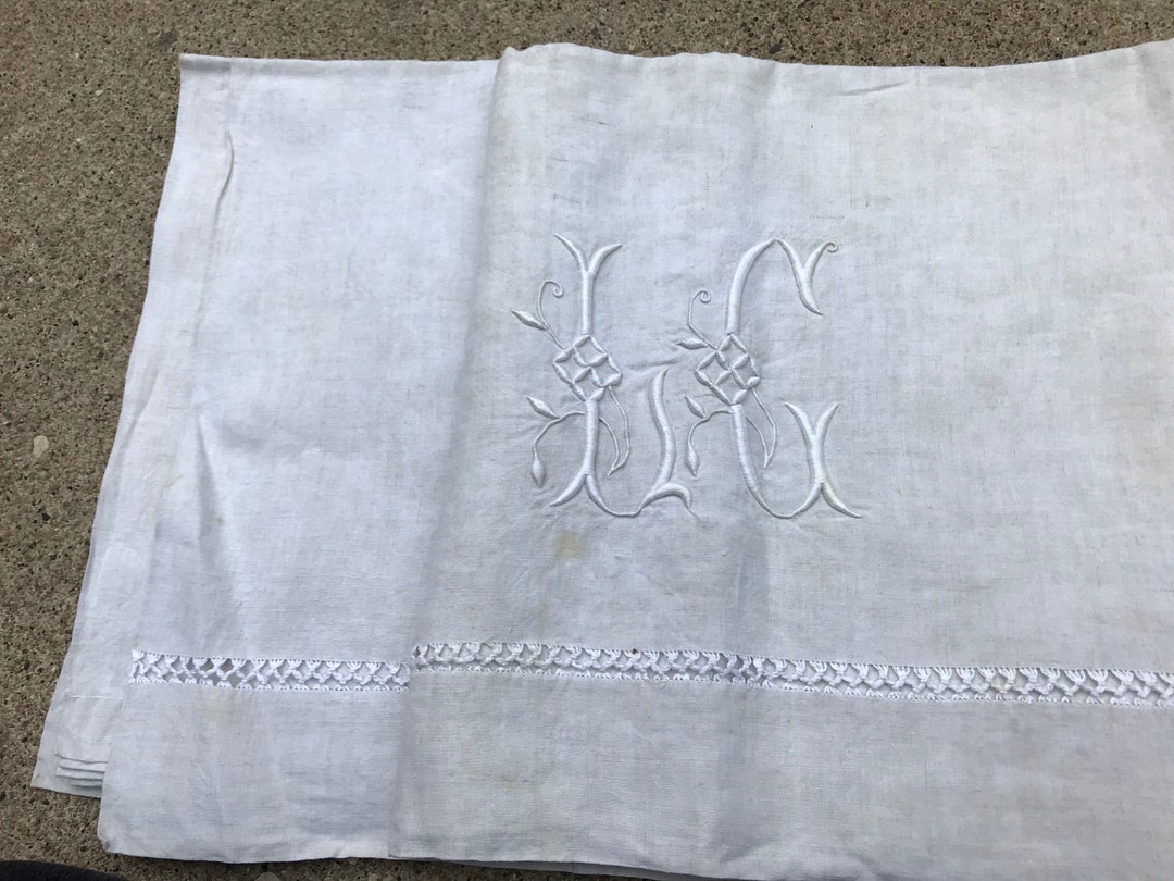 French Heirloom Linen Sheet, Dowry Sheet, Trousseau, Embroidered ...