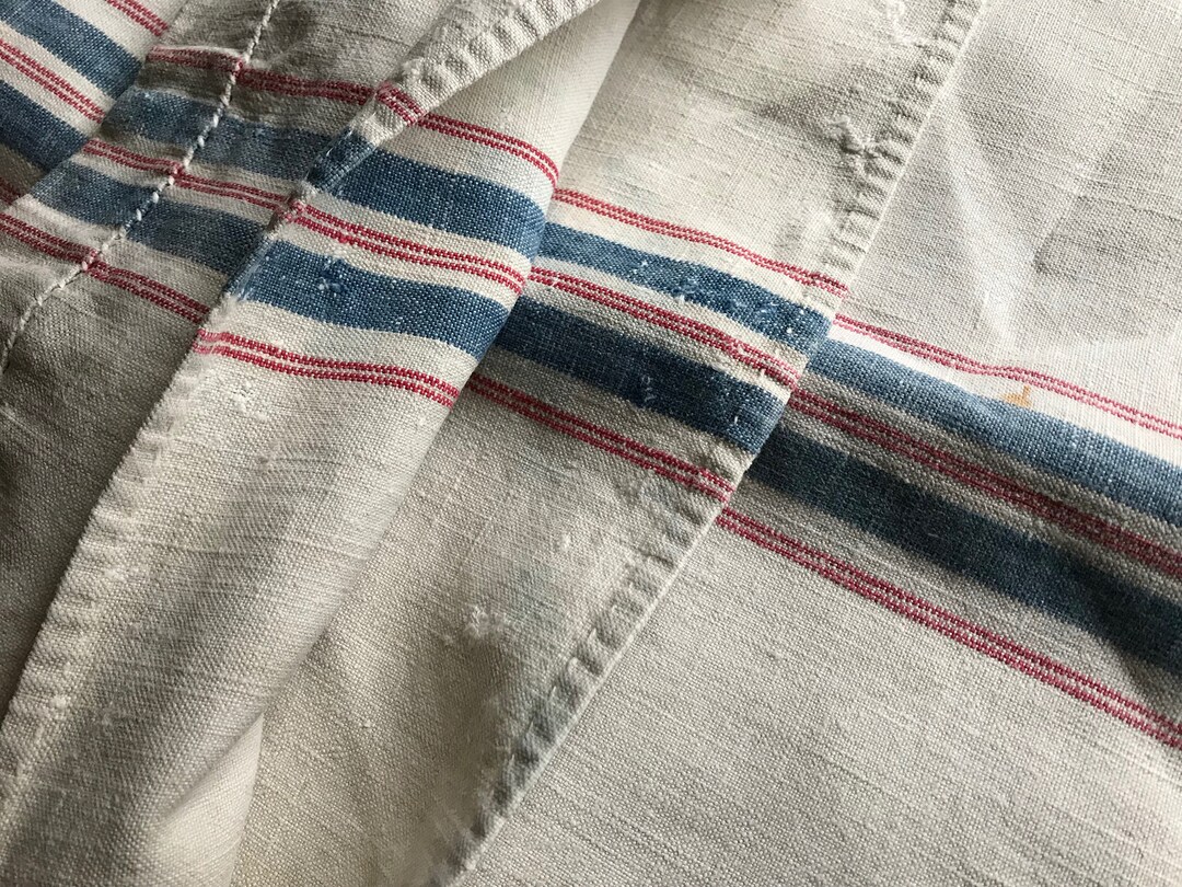 French Linen Laundry Sack, Blue Red Stripe, Grain Flour Sack, French ...