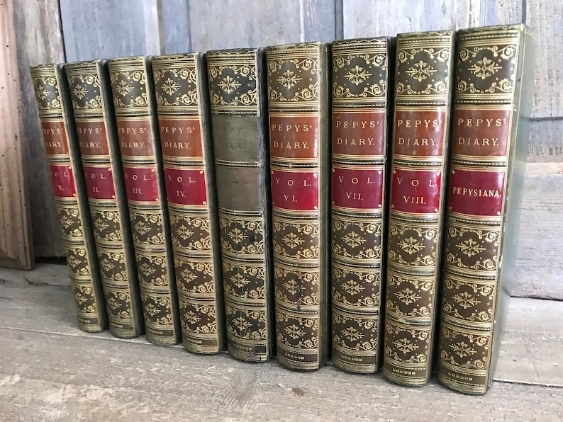 English Leather Bound Book Set of 9, Gilded, Pepys Diary, Stacking ...